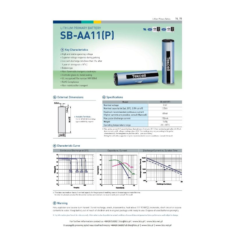 Tekcell SB-AA11 AA 3.6V Primary Lithium Battery