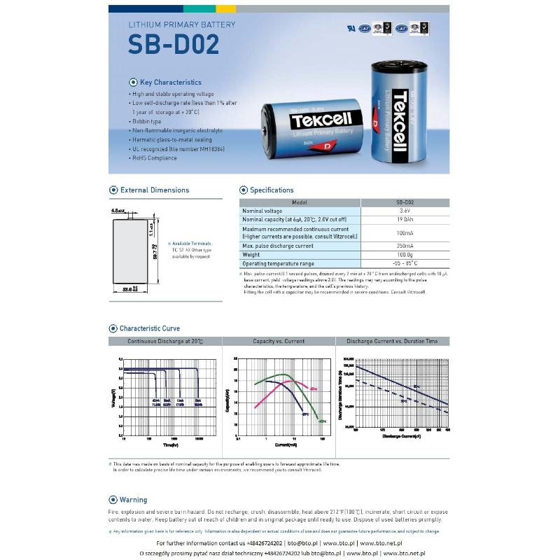 Tekcell SB-D02 3.6V Primary Lithium Battery