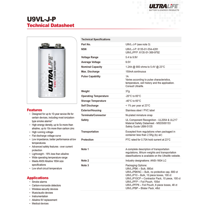 Wholesale 9V 1.2Ah Ultralife U9VLJPFP Lithium Power Cell